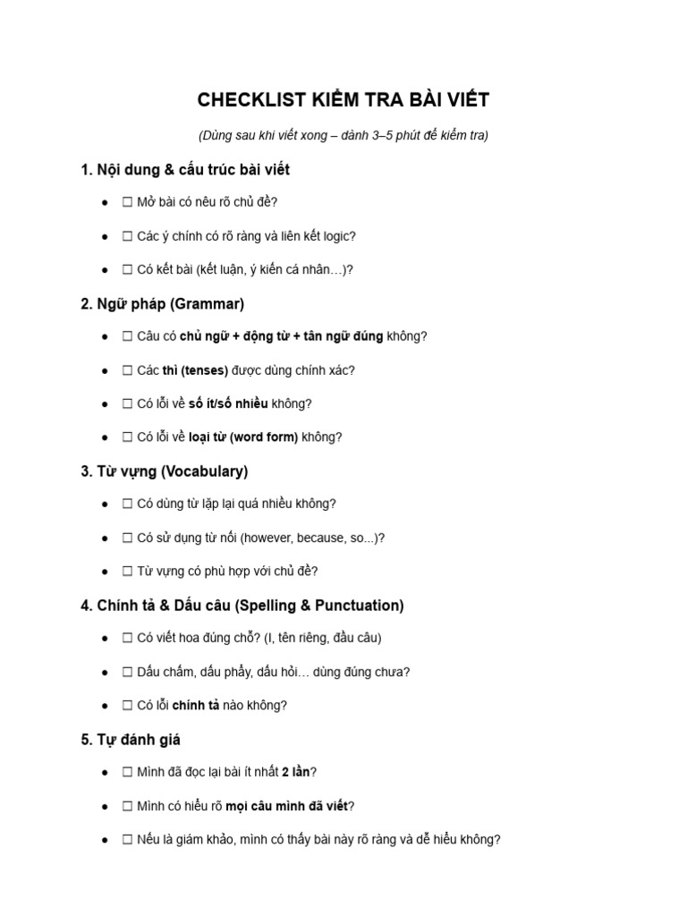 Checklist Kiểm Tra Bài Viết | PDF