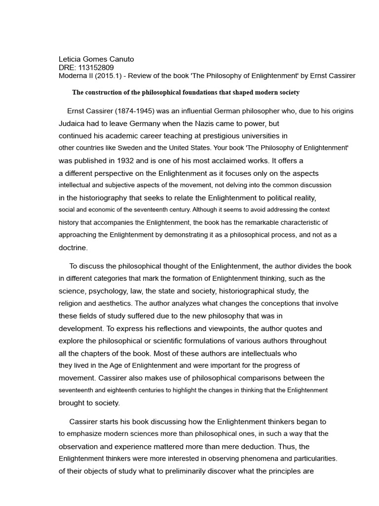 Cassirer's 'Philosophy of Enlightenment' Review | PDF | Age Of ...