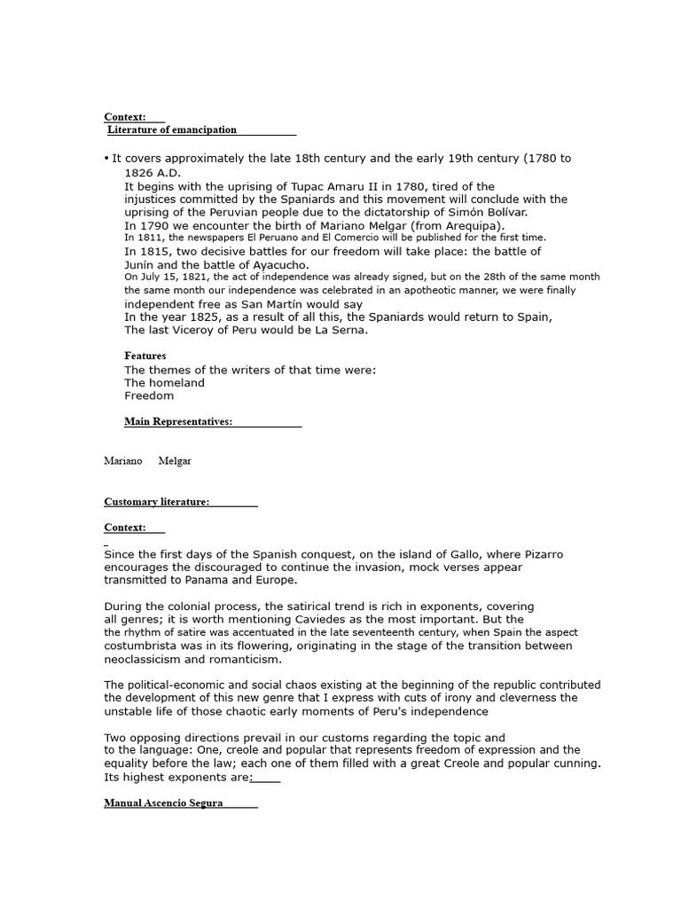 Literature Emancipation Customs | PDF | Peru | Latin America