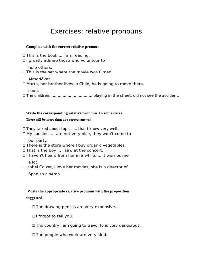 Relative Pronoun Exercises ELE | PDF
