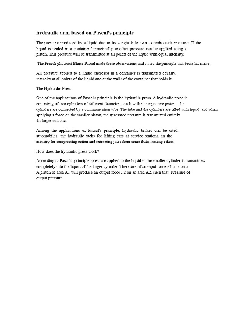 Hydraulic Arm Based On Pascal's Principle | PDF | Fluid Dynamics ...