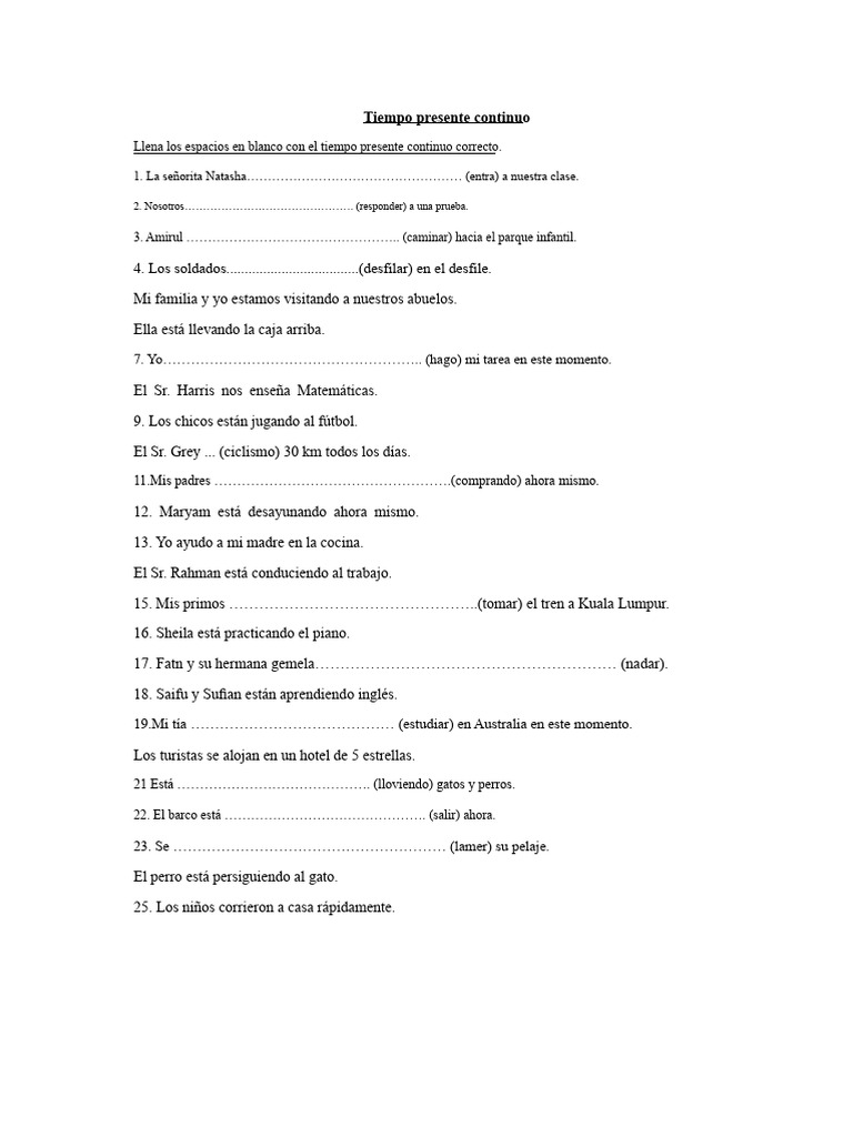 Ejercicio de tiempo presente continuo para el sexto año | PDF