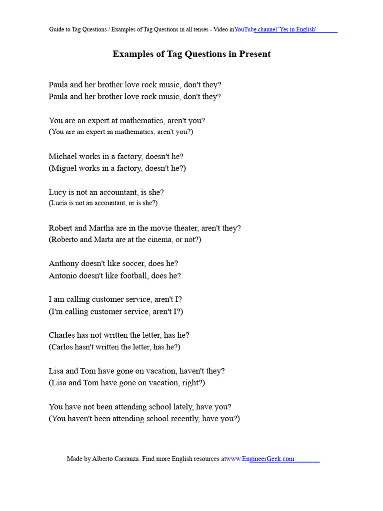50 Examples of Tag Questions in All Verb Tenses | PDF | Language ...
