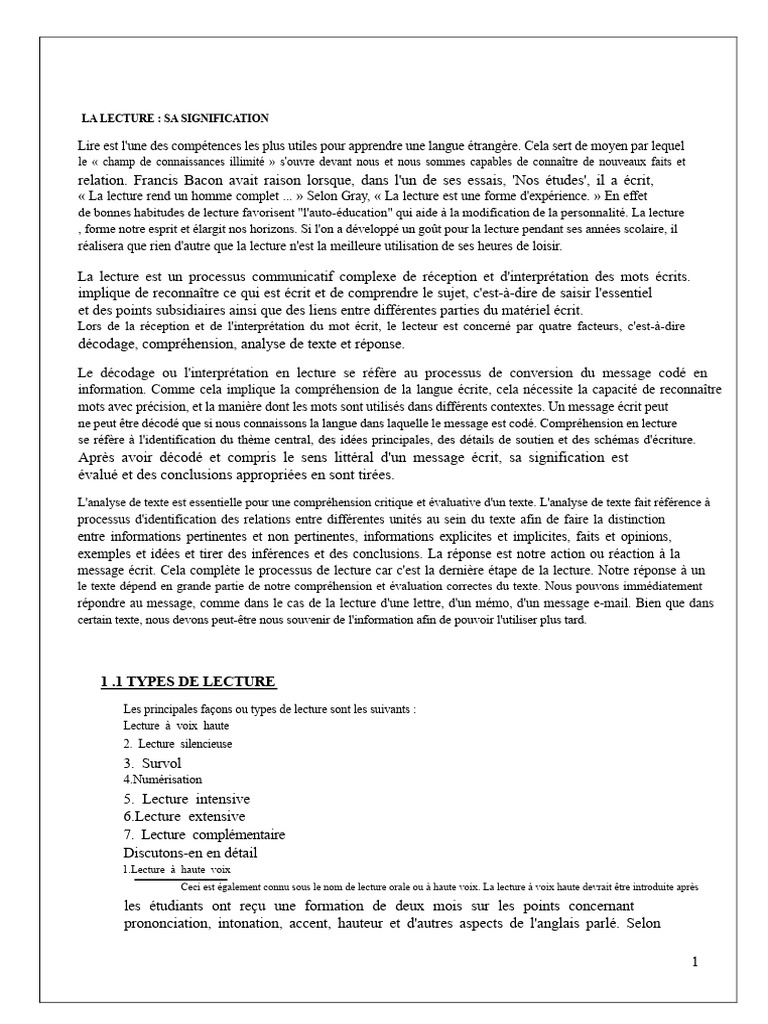 Importance et Types de Lecture | PDF | Concept de psychologie ...