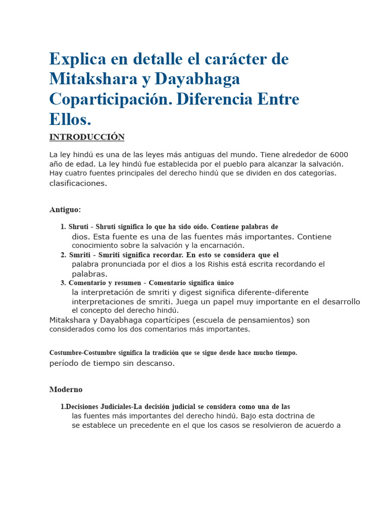 Explicar en detalle el carácter de la coparticipación de Mitakshara y ...