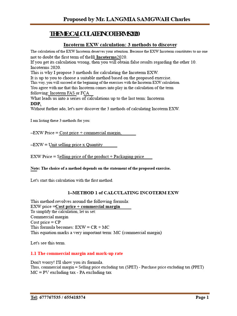 EXW Incoterm Calculation Methods | PDF | Business | Trade