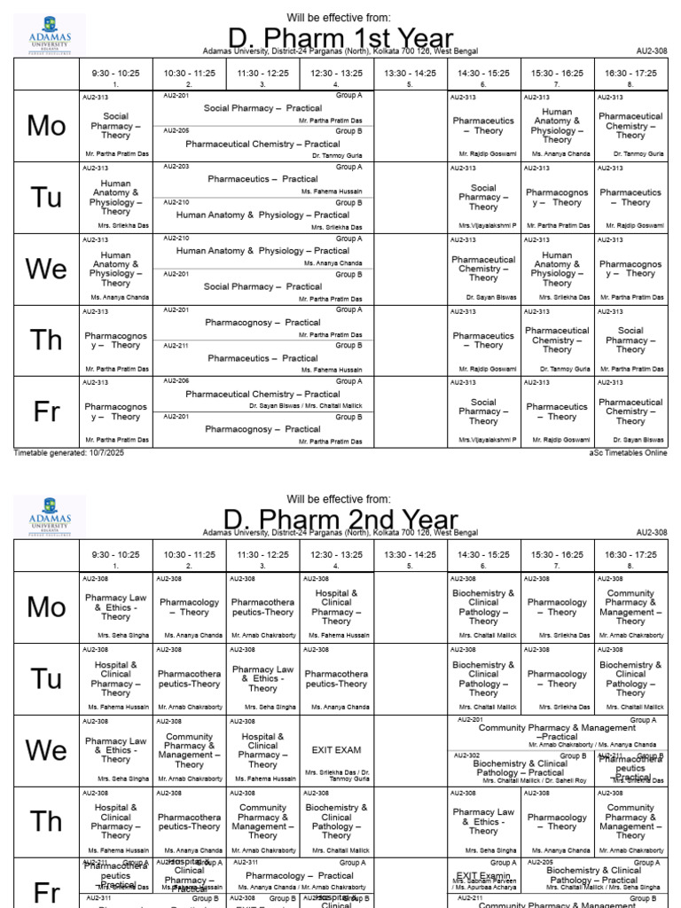 Classwise Timetable - Odd Sem - 2025-26 | PDF | Pharmacology | Pharmaceutical Sciences