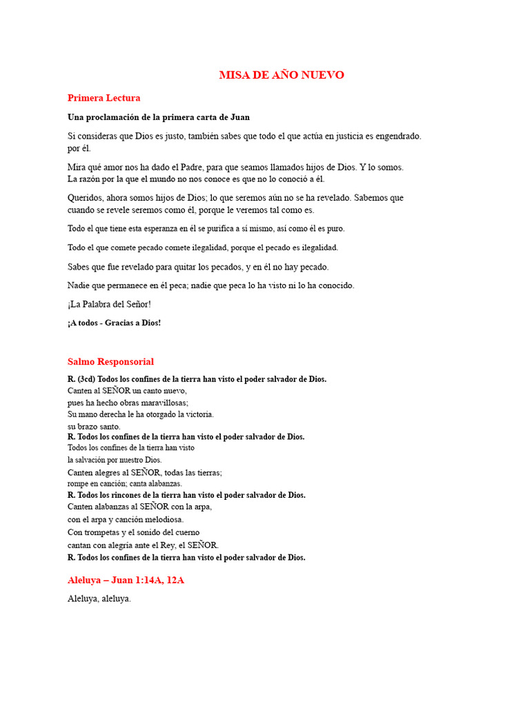Misa de Año Nuevo: Reflexiones y Oraciones | PDF | Teología | Creencia ...