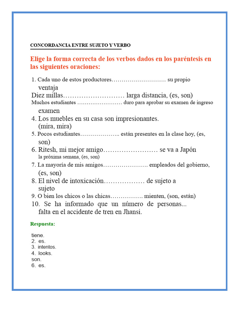 Ejercicio de Concordancia Sujeto Verbo - Respuestas | PDF