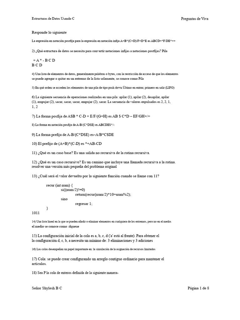Preguntas de Examen Sobre Estructuras de Datos | PDF | Puntero (Programación de computadora ...