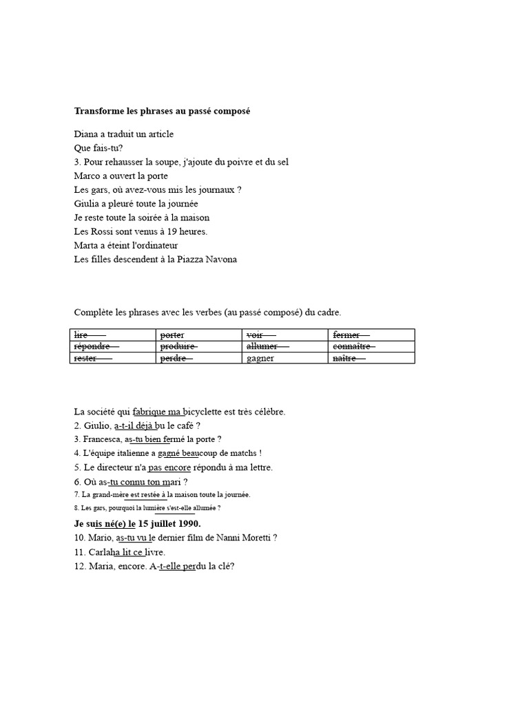 Exercices de passé composé en français | PDF | Nombre grammatical ...