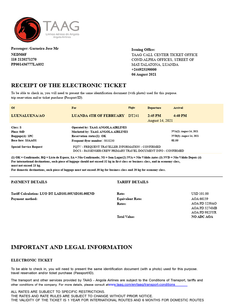 TAAG Angola Airlines Electronic Ticket Receipt | PDF | Aviation | Airlines