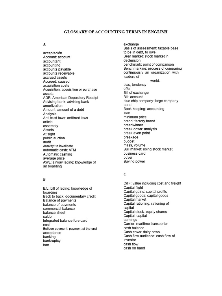 Accounting Terms Glossary in English | PDF | Cost Of Living | Stocks