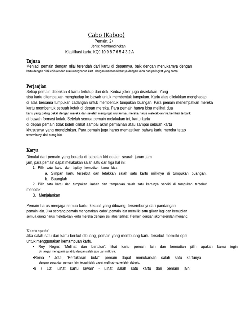 Aturan Permainan Kartu Cabo (Kaboo) | PDF