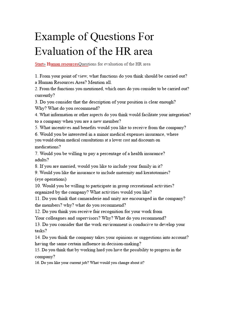 Example of Questions For Assessment of The HR Area | PDF | Human ...