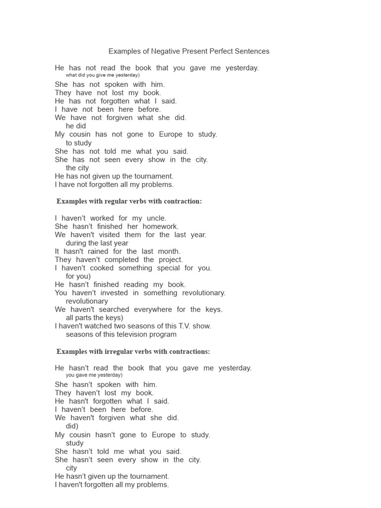 Negative Present Perfect Examples | PDF