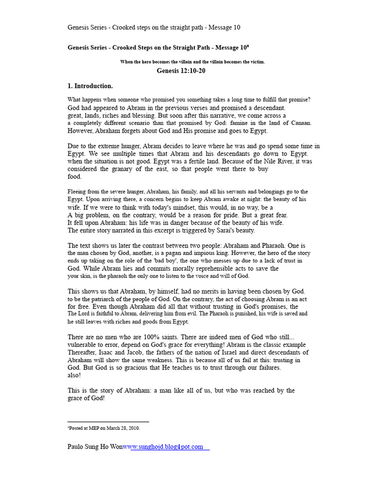 Genesis Series. The Lesson From Egypt (Gen 12:10-20) | PDF | Abraham ...