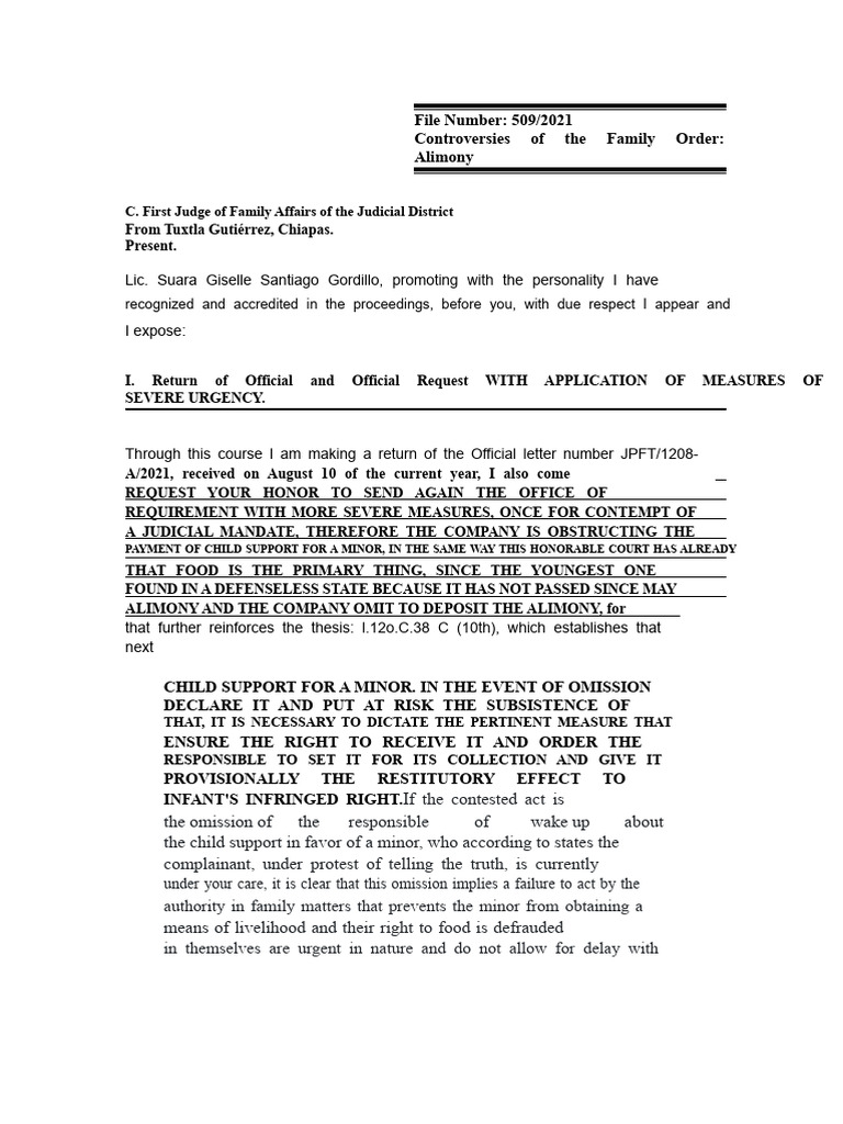 Urgent Alimony Request for Minor Child | PDF | Child Support | Best ...