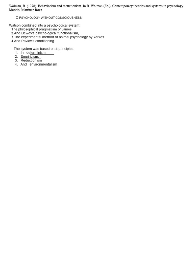 Wolman Conductism and Reductionism. | PDF | Behaviorism | Psychology