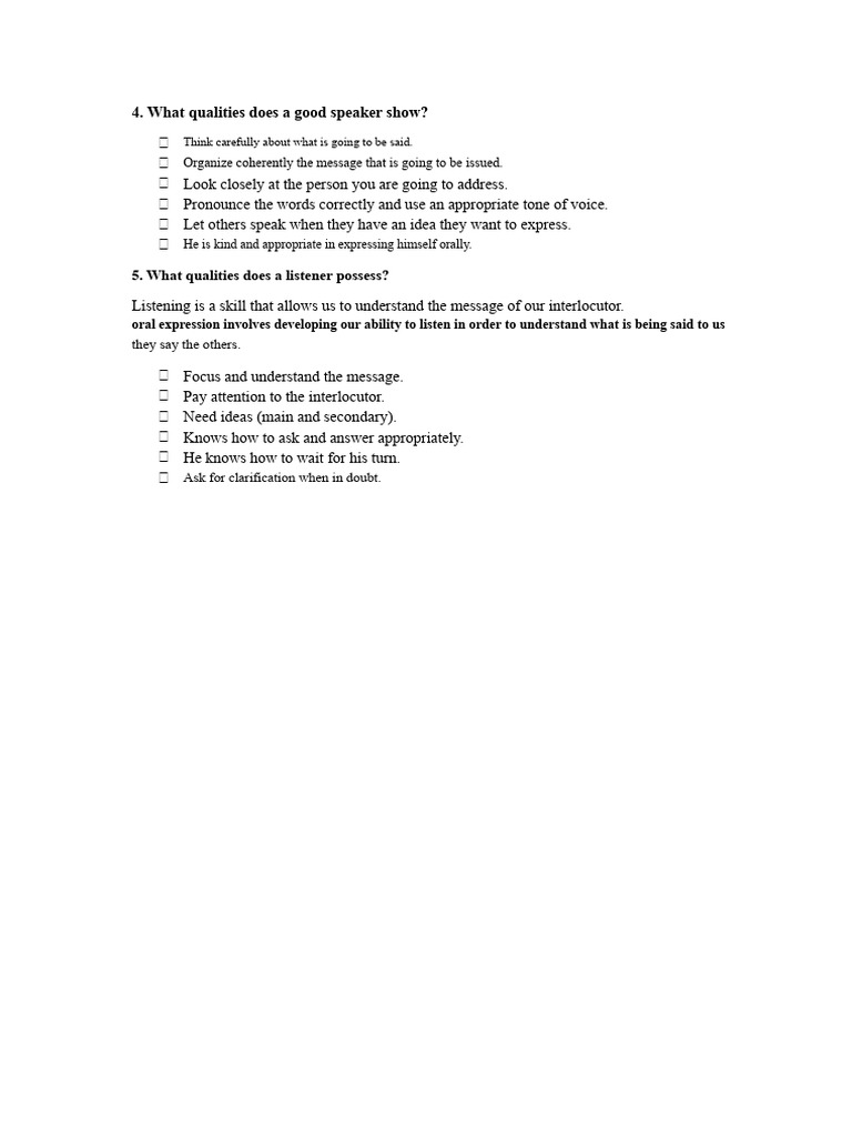 Qualities of A Good Speaker and Listener | PDF