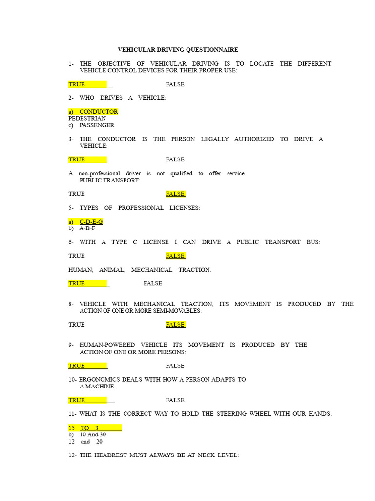 Vehicle Driving Questionnaire | PDF