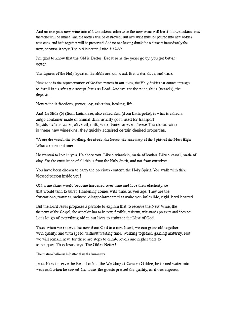 New Wine and Old Wineskins Explained | PDF | Jesus | Holy Spirit