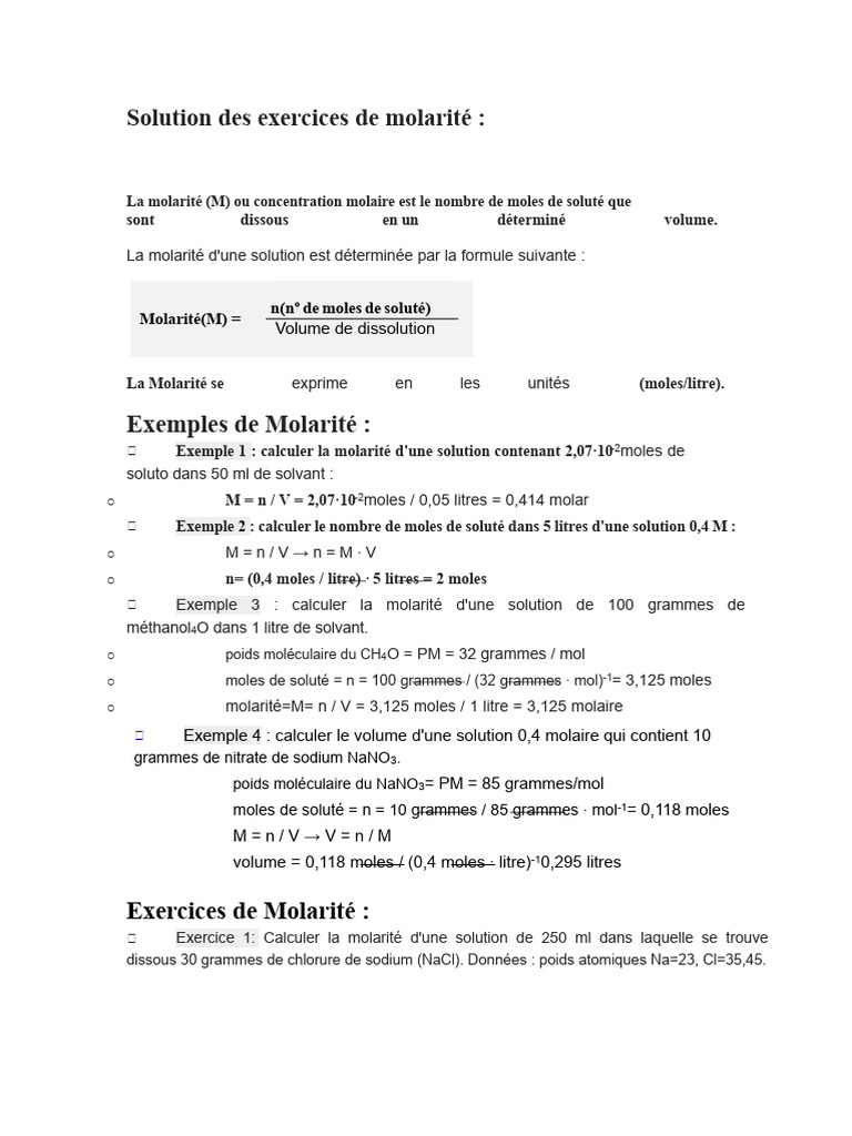 Exercices de calcul de molarité | PDF | Concentration molaire ...