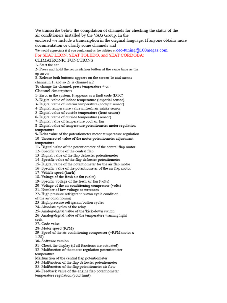 Codes for A3, Seat Leon, Toledo, and Cordoba | PDF | Air Conditioning | Sensor