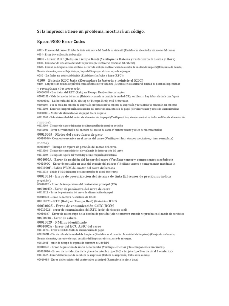 Códigos de Error de Epson 9880 | PDF | Impresora (Computación) | Hardware de la computadora