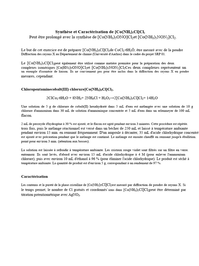 Synthèse de [Co(NH3)5Cl]Cl et dérivés | PDF | Ammoniac | Acide ...