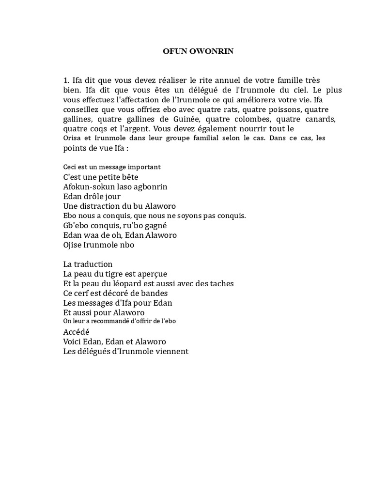 Rites et Offrandes dans Ifa: Ofun Owonrin | PDF