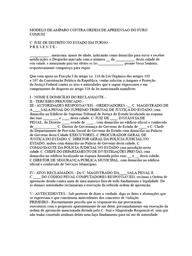 Modelo de Mandado de Segurança Contra Ordem de Prisão Do Fórum Comum ...