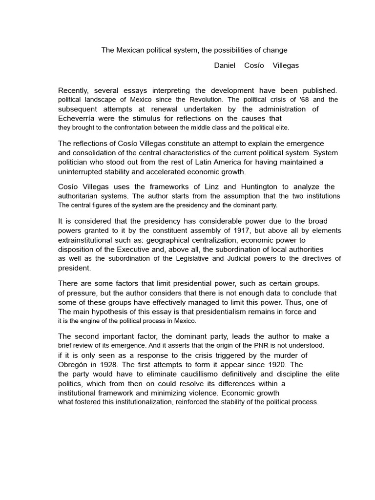 Summary of The Mexican Political System by Daniel Cosío Villegas | PDF ...