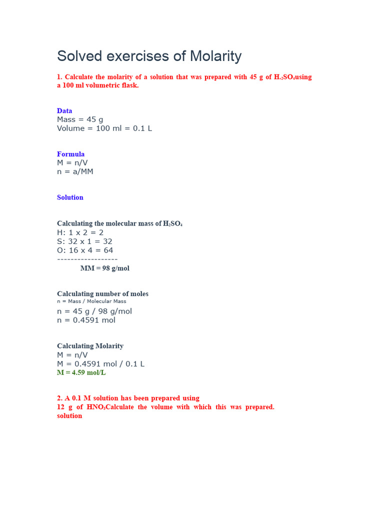 Molarity Calculation Exercises | PDF | Mole (Unit) | Molar Concentration