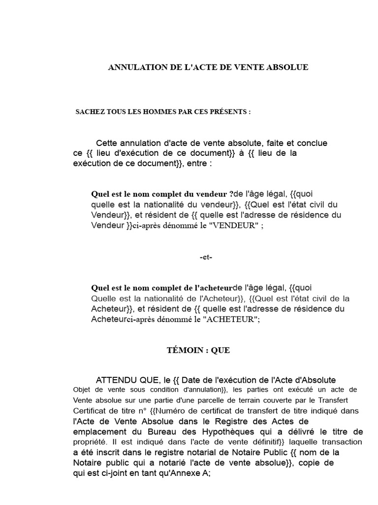 Annulation d'Acte de Vente Absolute | PDF