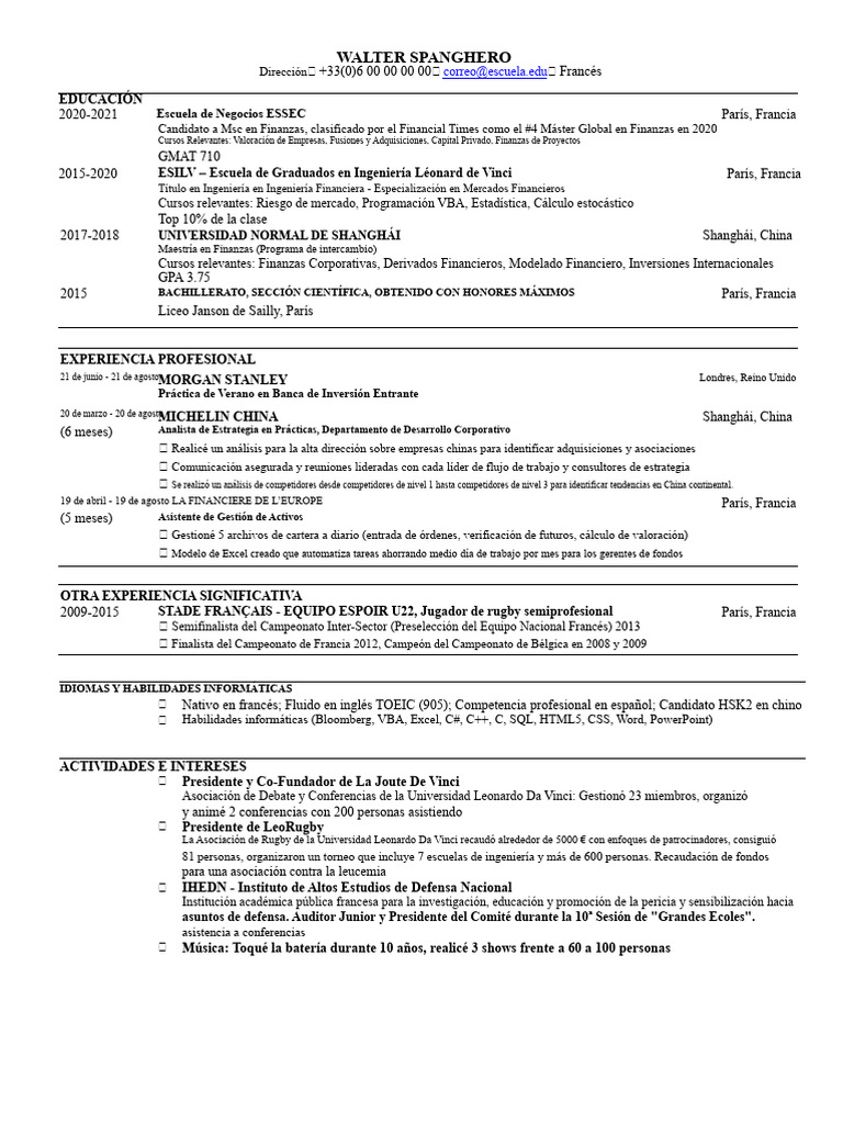 ESSEC MiF 2020-2021 - Plantilla y Directrices del CV | PDF | Francia | Banca de inversión