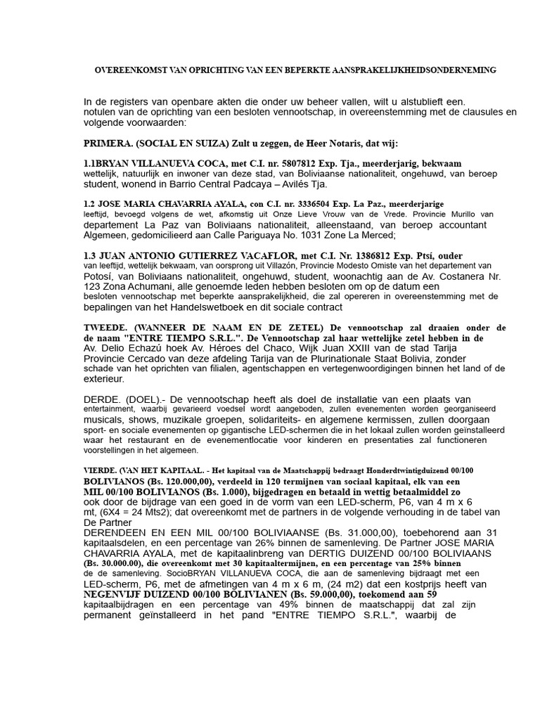 Model Overeenkomst Voor Oprichting SRL | PDF