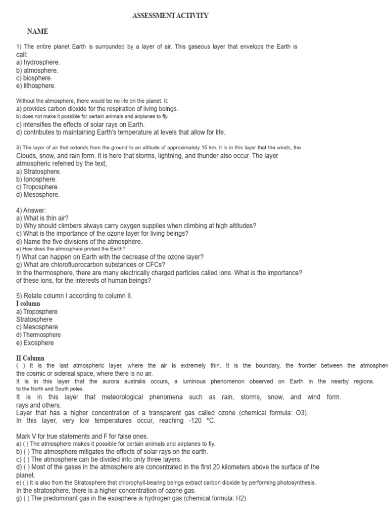 Assessment Activity Science Atmosphere Layers | PDF | Atmosphere Of ...