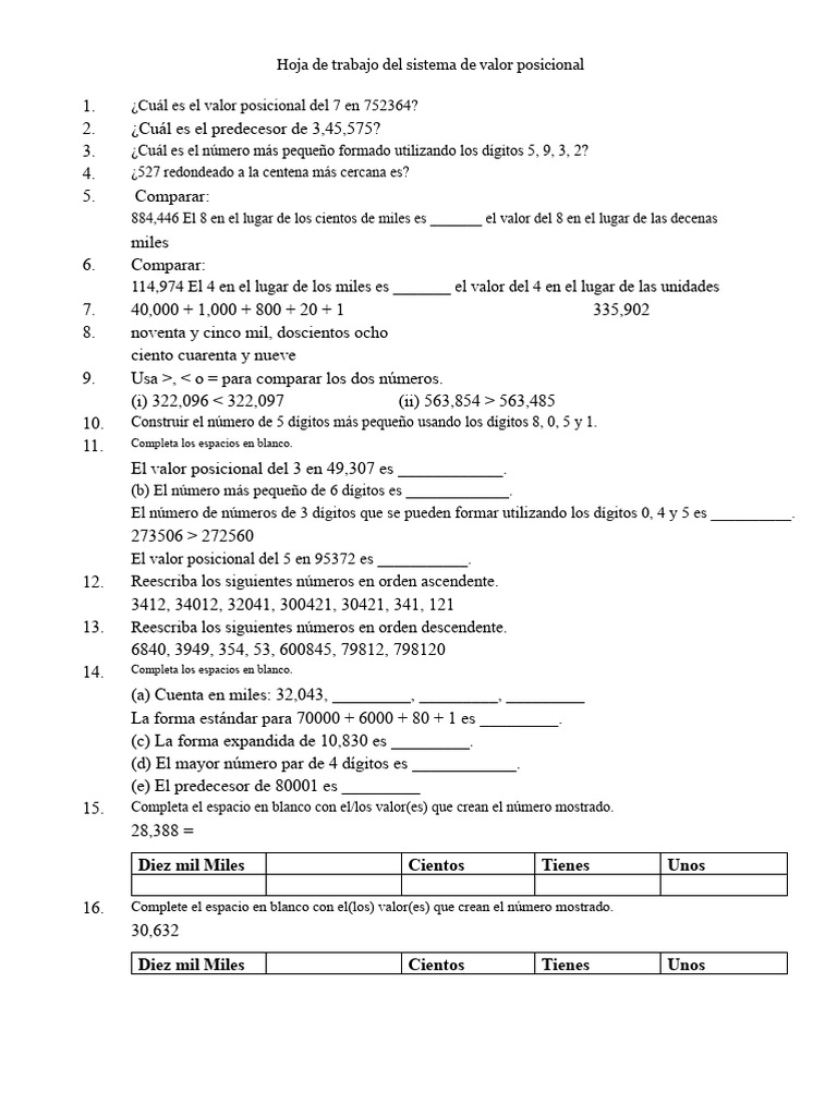 Ejercicios de Valor Posicional y Números | PDF | Sustracción | Matemáticas