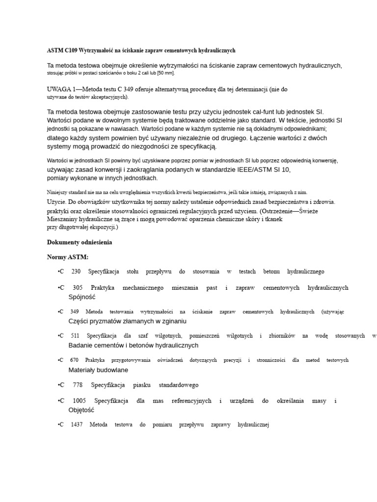 ASTM C109 Wytrzymałość Na Ściskanie Zapraw Cementowych Hydraulicznych | PDF