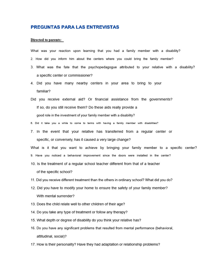 Questions for Interviews | PDF | Disability | Intellectual Disability