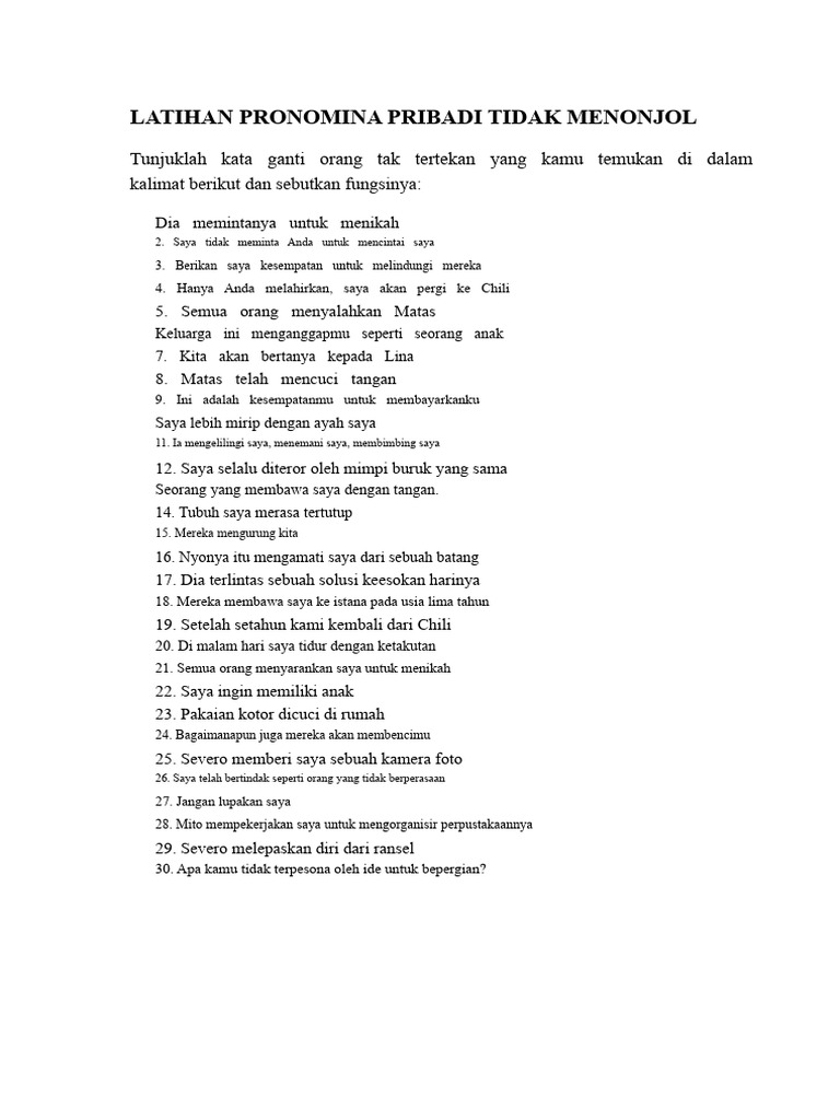 Latihan Kata Ganti Pronomina Diri Tak Tertekan | PDF