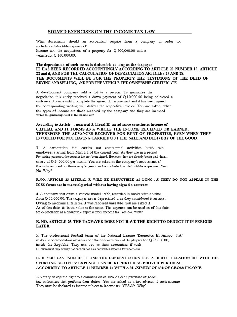 SOLVED EXERCISES OF THE INCOME TAX LAW | PDF | Tax Deduction | Depreciation