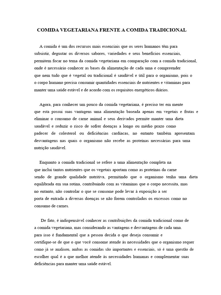 Comida Vegetariana em Relação À Comida Tradicional 1 | PDF | Alimentos ...