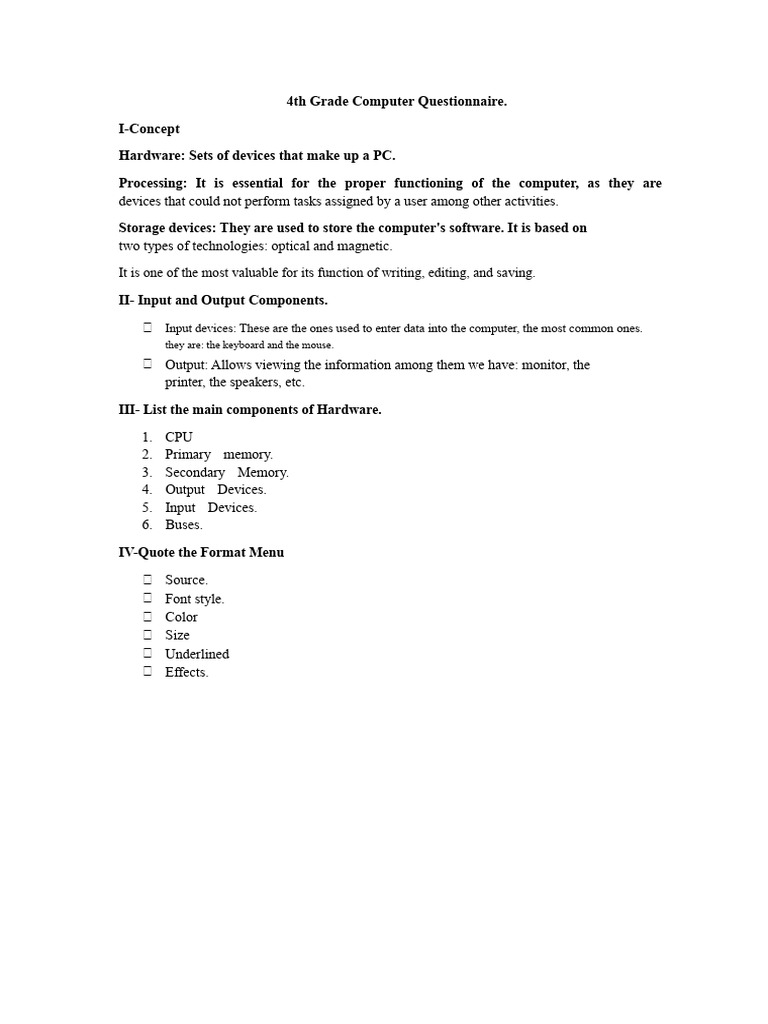 Computer Questionnaire 4th Grade | PDF