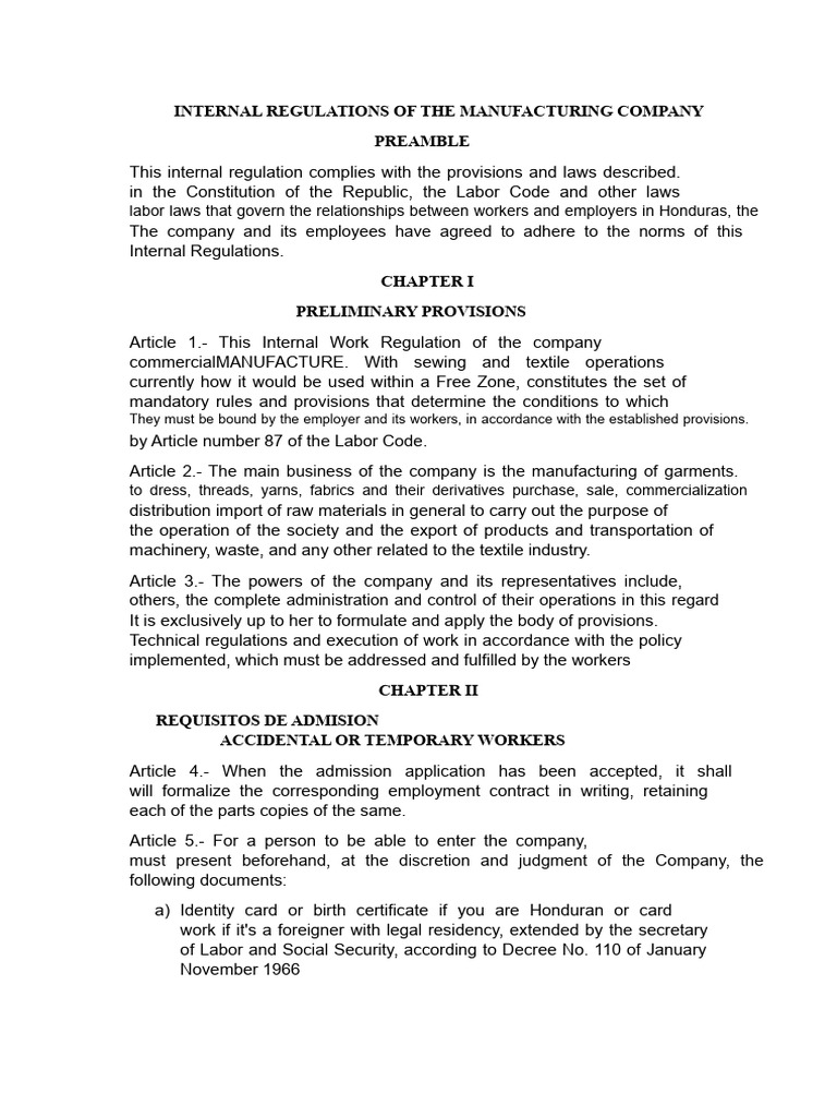 Internal Regulations of The Manufacturing Company | PDF | Overtime ...