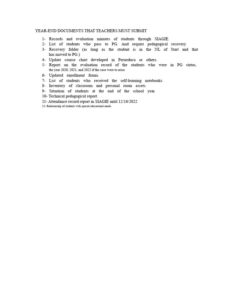 End of Year Documents That Teachers Must Submit | PDF