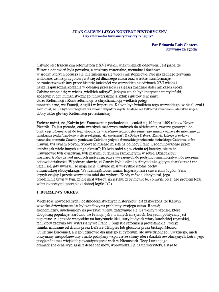 Jan Kalwin I Jego Kontekst Historyczny | PDF