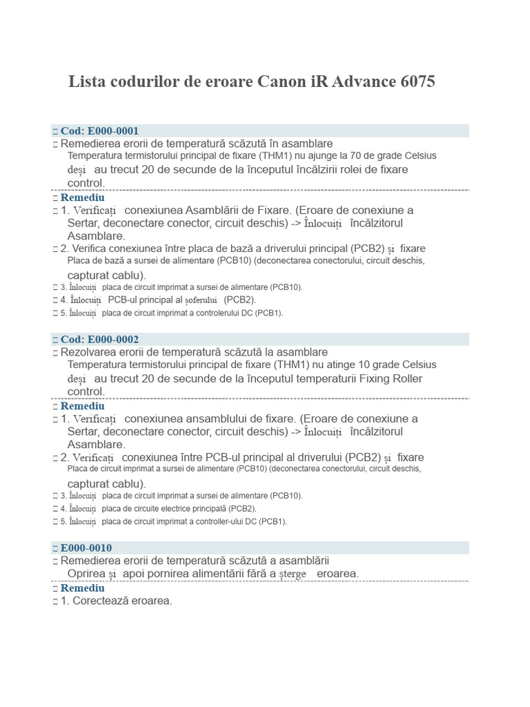 Lista Codurilor de Eroare Canon IR Advance 6075 | PDF