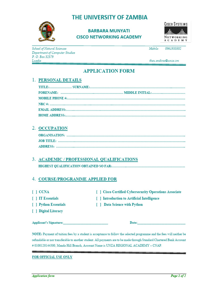 UNZA Cisco Networking Academy Application | PDF